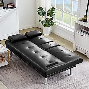 AWQM Faux Leather Futon Sofa Bed Upholstered Modern Convertible Sofa Bed Small Couch Bed Adjustable Couch Sleeper for Compact Living Space, Removable Armrests, Metal Legs, 2 Cupholders, Black
