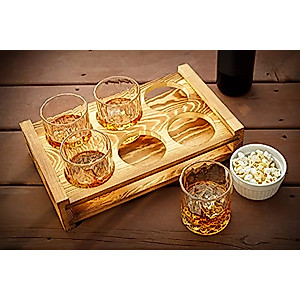 Mloxy Whiskey Glass Server Universal | Drink Carrier Six Glass Holder| Rustic Wood Bar Serving Tray | Server Tray for Home & Bars | 13.5x8x3” Bar Tray | Whiskey Serving Tray | Drink Caddy