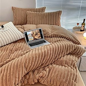 Jolusere Luxury Shaggy Plush Duvet Cover Set King Size Camel Velvet Bedding Set Faux Fur Fluffy Fuzzy Soft Furry Warm Winter Comforter Cover for Teen Girls Women Gifts 3 Pieces Farmhouse Bed Set