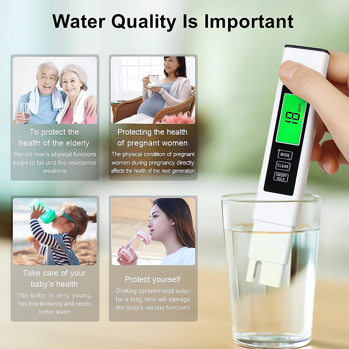TDS Meter Digital Water Quality Tester,EC Meter & Temperature Meter 4 in 1,for Ro-Rodi System Drinking Water,Water Quality Tester 0-9990 PPM Measuring Range,1 PPM Increments（White）