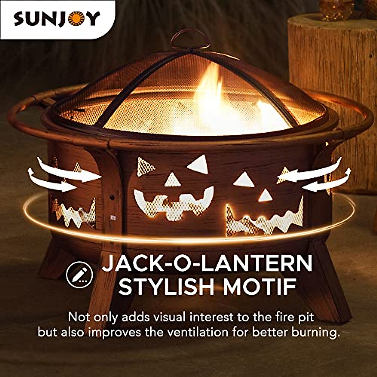 Sunjoy Fire Pit 30 in. Outdoor Wood-Burning Fire Pit, Patio Jack-o-Lantern Motif Round Steel Firepit Large Fire Pits for Outside with Spark Screen and Poker