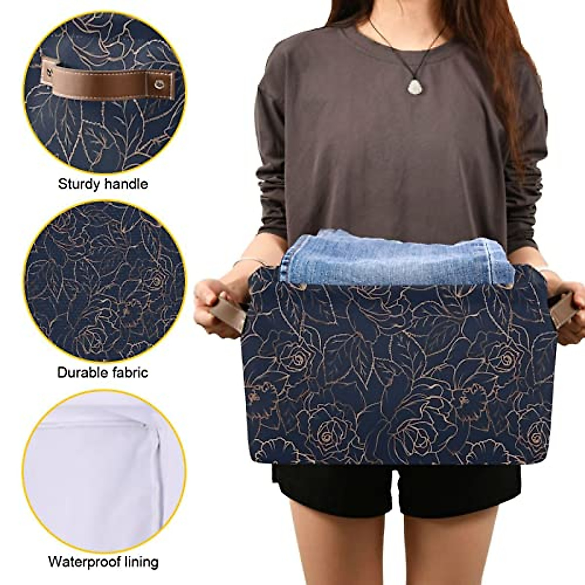 Gougeta Foldable Storage Basket with Handle, Floral Rose Peony Flower Navy Blue Rectangular Canvas Organizer Bins for Home Office Closet Clothes Toys 1 Pack