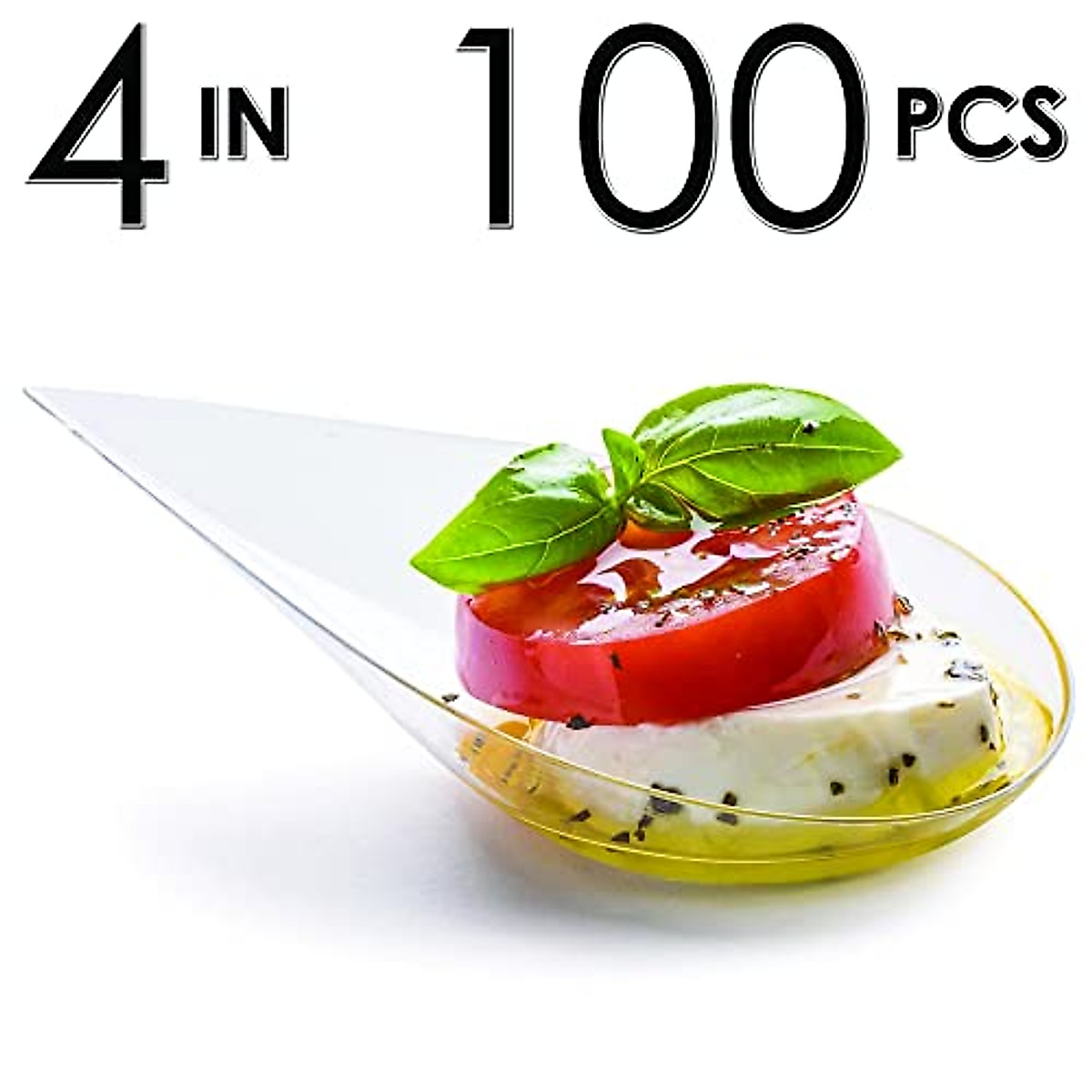 DLux 100 4-in Tear Drop Mini Appetizer Plates, Reusable Clear Plastic Spoons - Desserts and Appetizers Dishes Serving Plate - Asian Spoon Set, Small Catering Dessert Tasting Cups - with Recipe Ebook