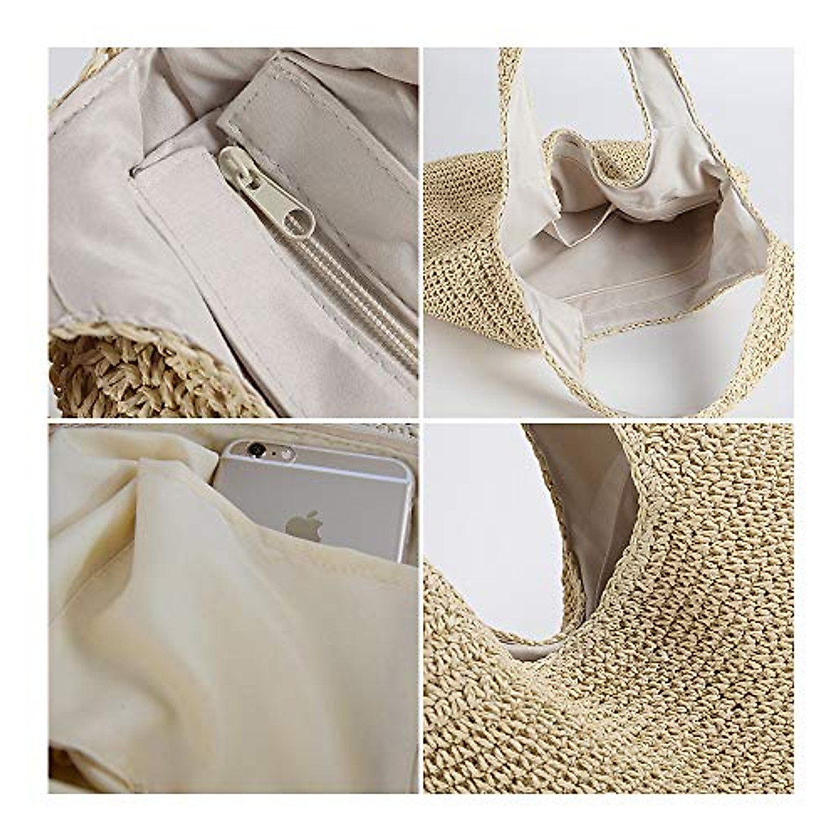 QTKJ Hand-woven Soft Large Straw Shoulder Bag Boho Straw Handle Tote Retro Summer Beach Bag Rattan Handbag (Beige)