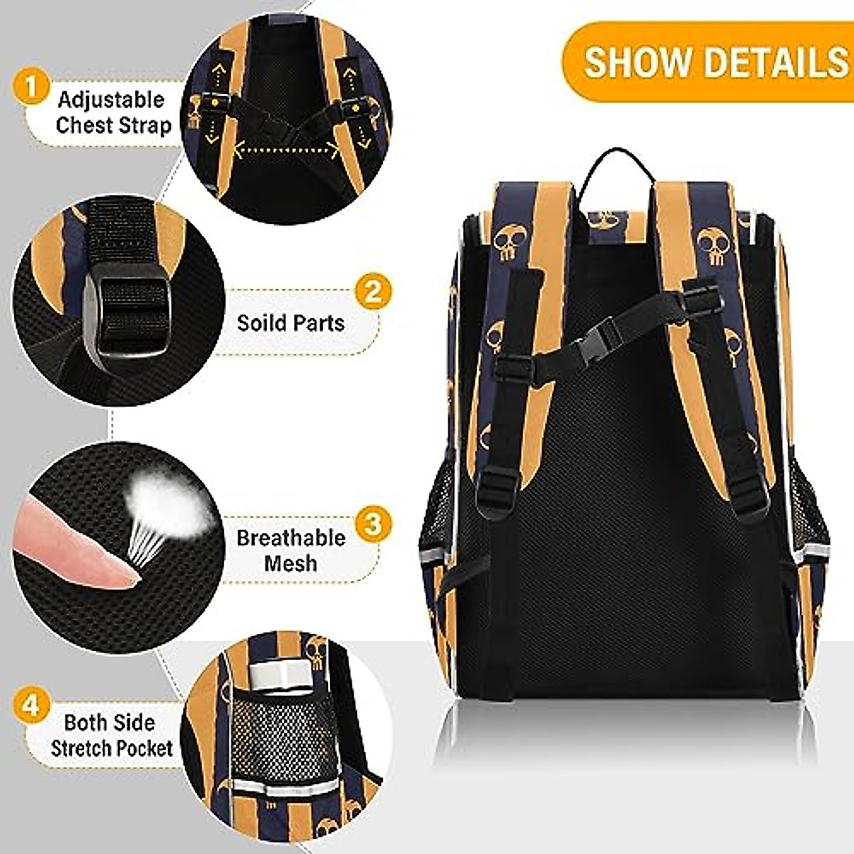Sletend Large Capacity Printing Student Shoulder Bag for Children Teenagers Skull Stripe Laptop Bag School Bag for Work School, Men's and Women's Travel Backpack