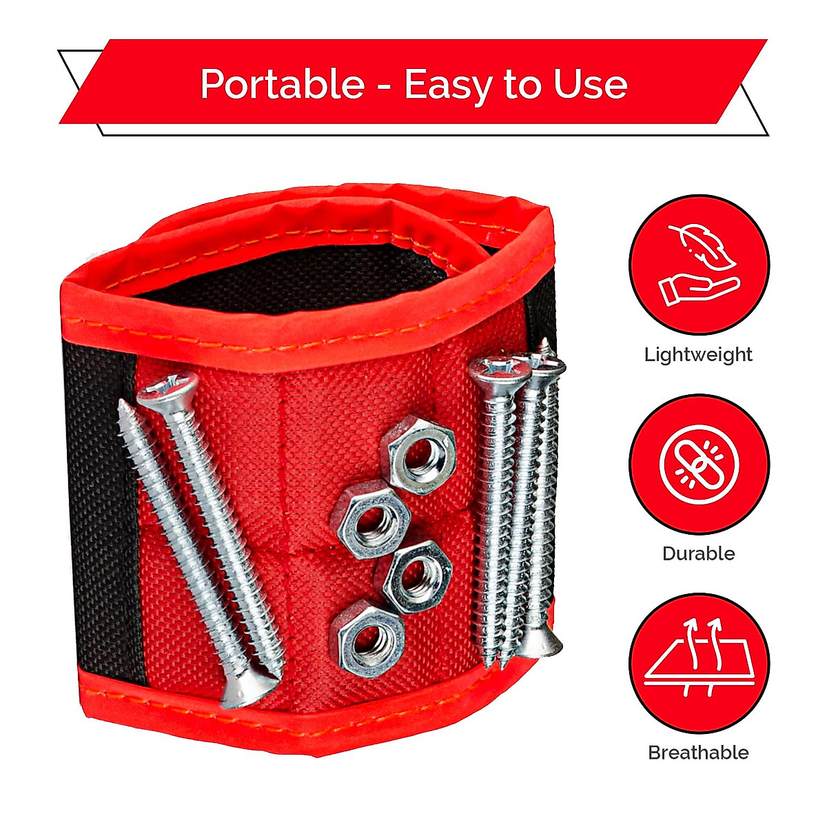 BYKES Magnetic Wristband for Holding Screws, Nuts, Nails and Bolts | Powerful Super Strong Magnetic Tool Wristband for Men and Women | Large Magnetic Wrist Tool Holder | Tool Gifts for Men | Red/Black