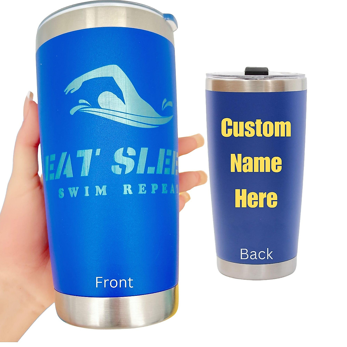 Dashing Nova Personalized Custom Name Tumbler with Inspirational Quotes for Swimmers and Coaches Gifts, 20oz Double Wall Stainless Steel Insulated Bottle with Straw (Blue), Medium