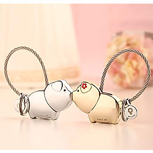 MILESI Custom Personalized Kiss Pig Couple Keychain with Magnetic Cute Couple Gift Valentine's Present(silver-lightgold)