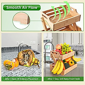ETECHMART Bamboo Fruit Basket, 2 Tiers Fruit Bowl For Kitchen Counter, Large Capacity Detachable Vegetable Bread Storage Basket Banana Holder Stand