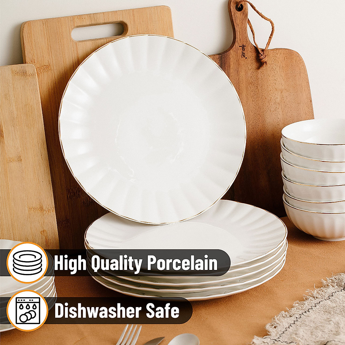 BTaT- Porcelain Dinner Plates with Gold Trim,10.5 inch, Set of 6, White Dinner Plates, White Dinner Plates Bulk, White Plate Set, Plates, Dinner Plates