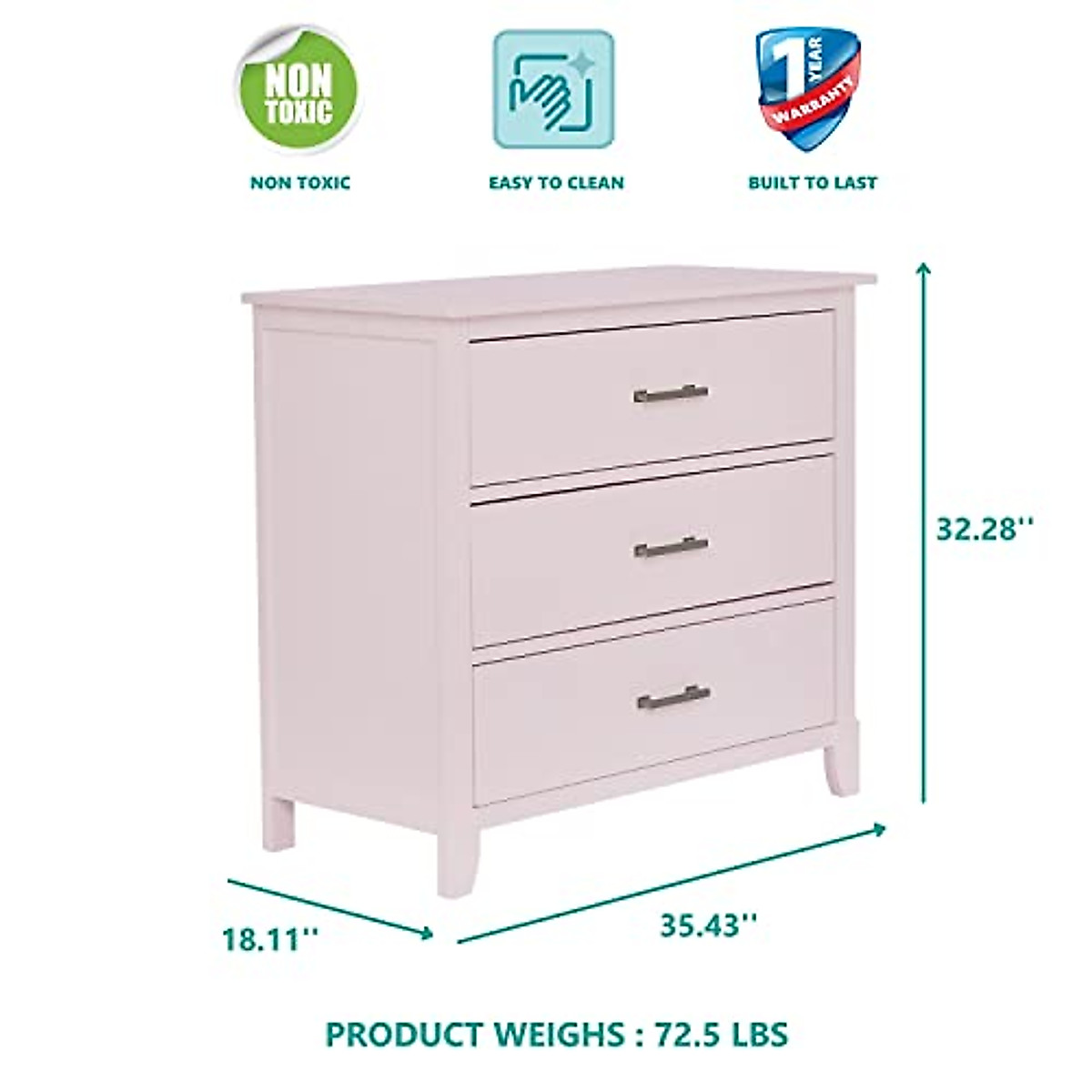 Dream on Me Universal 3 Drawers Chest | Kids Bedroom Dresser | Three Drawers Dresser Mid Century Modern, Blush Pink