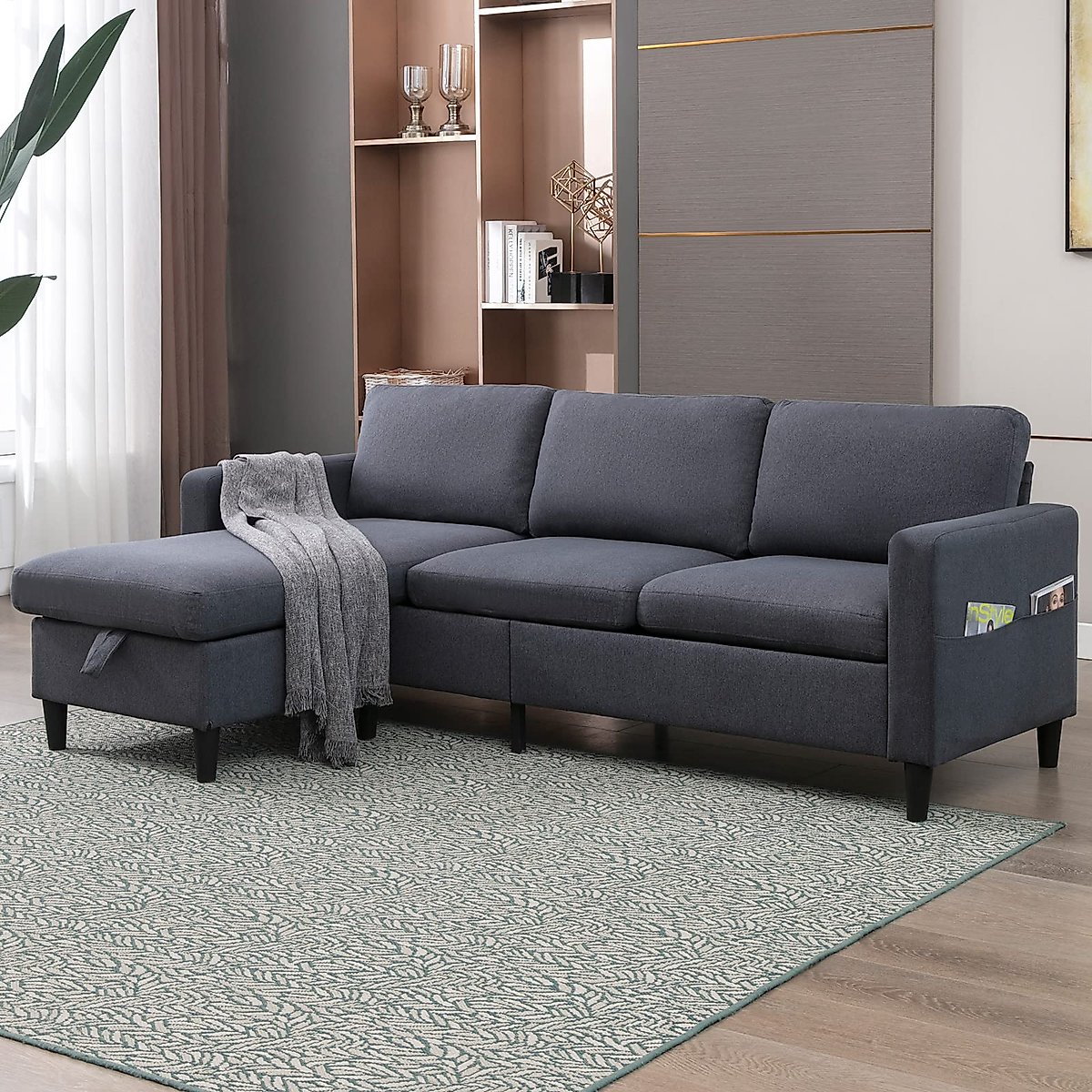 Mjkone 86" L-Shape Sectional Sofa Couch, Linen Convertible Sofa Chaise with Reversible Storage Ottoman, Large Modular Sofa with 2 Side Pockets for Living Room Apartment Studio - Dark Gray