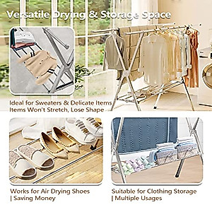 JAUREE Clothes Drying Rack 2 Tiers, Heavy Duty Drying Rack Clothing Folding Indoor Outdoor, Stainless Steel Laundry Drying Rack, Foldable Garment Rack with 20 Windproof Hooks (84 Inches)