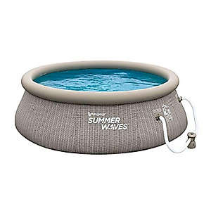 Summer Waves P1B01036A 10ft x 36in Round Quick Set Inflatable Ring Above Ground Swimming Pool with Filter Pump, Gray Basketweave Print