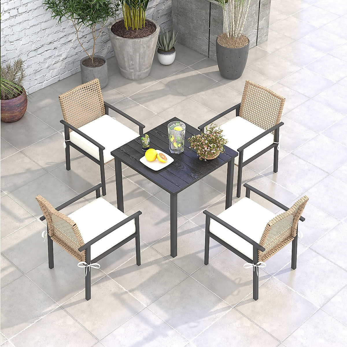 Outsunny 5 Pieces Outdoor Dining Set for 4, Wicker Rattan Patio Furniture Set, Patio Table and Chairs Set with Cushions, Square Metal Table Top, Conversation Set for Garden, Backyard, Deck, Beige