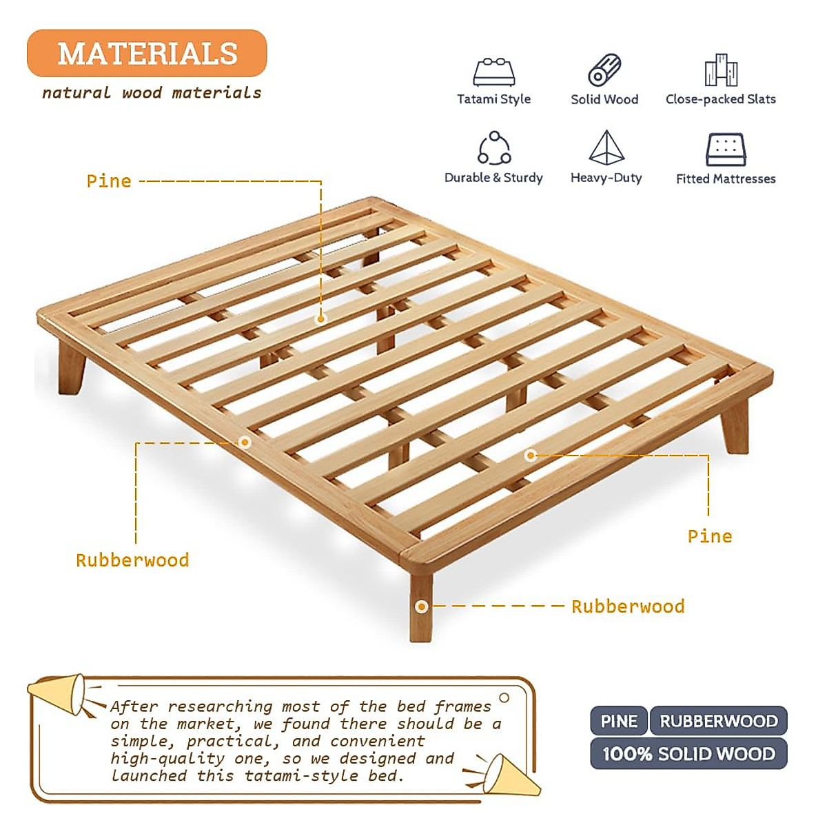 NELYE Queen Platform Bed Base - 14 Inch Solid Wood Mattress Foundation with Support Slats and Legs, Queen-Size Rubberwood Simple Bed Frame