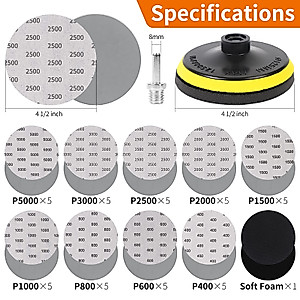 Pomsare 45PCS 5 Inch Wet Dry Sanding Discs Kit with Hook and Loop Backing Pad 5/8-11 and Foam, Angle Grinder Drill Sanding Attachment, Sander for Drill 400 to 5000 Grits Sandpaper for Wood Metal Car