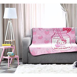 Hello Kitty Strawberry Milk Throw Blanket - Measures 46 x 60 inches, Kids Bedding Features Kitty White - Fade Resistant Super Soft Fleece (Official Hello Kitty Product)