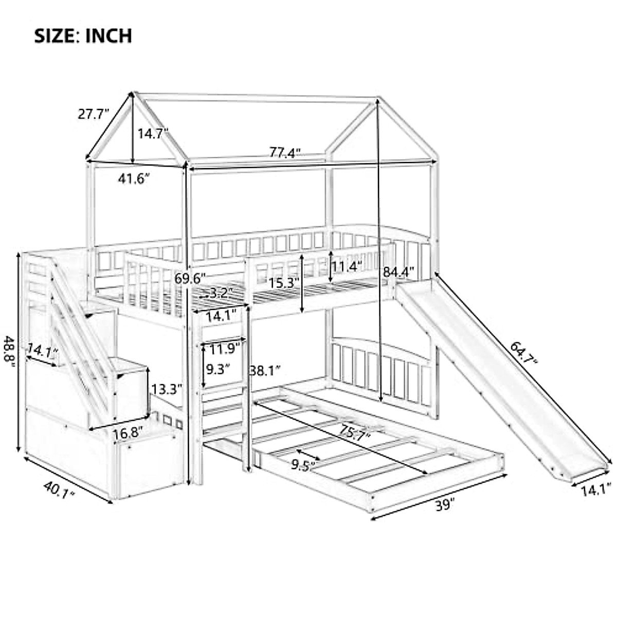 MERITLINE House Bunk Beds with Slide Twin Over Twin Bunk Bed with Stairs for Kids, Wood Twin Bunk Beds with Roof and Two Drawers for Boys or Girls, No Box Spring Needed, White