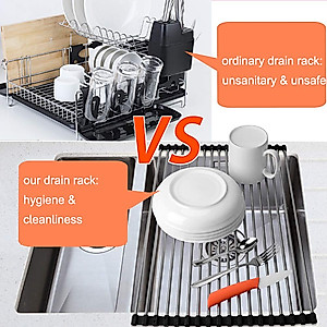 Rcdegk Roll Up Dish Drying Rack Over The Sink Kitchen Counter, The Multipurpose Sink Dish Drainer Mat for Fruits and Vegetable Rinser,Durable Silicone Covered Stainless Steel Rod,Large - 20.5" x 16"