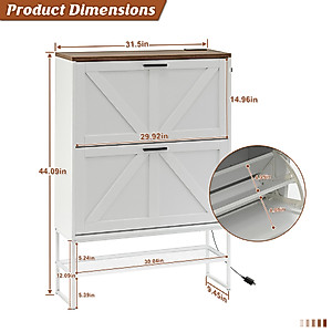 LYNCOHOME Shoe Storage Cabinet with 2 Flip Drawers and Feodorizing Function, Farmhouse Freestanding Shoe Organizer for Entryway/Hallway, Narrow Shoe Rack Cabinet with Steel Legs, White