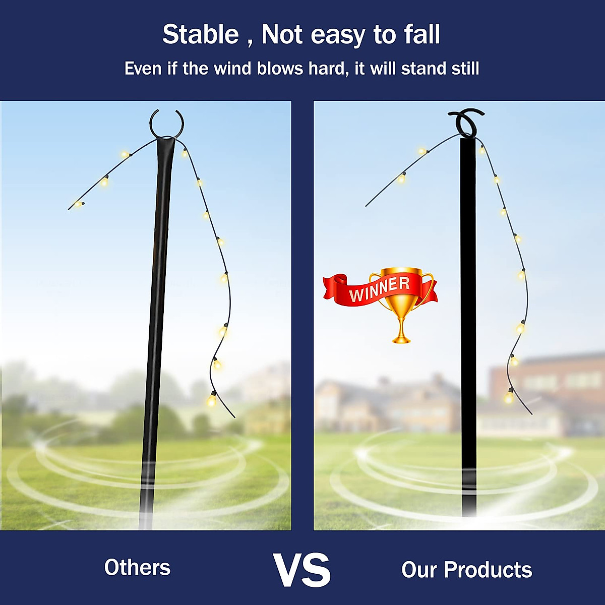2 Pack 9ft String Light Poles with Upgrade Hooks, Premium 3 Functions Steel Lighting Pole - with Sturdy 5-Prong Fork and Metal Base, Poles for Outdoor String Lights - Party, Deck, Wedding Decorations