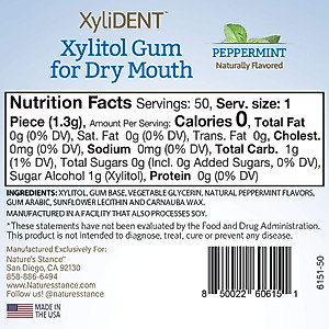 XyliDENT Xylitol Gum for Dry Mouth Relief - Stimulates Saliva, Freshens Breath, Reduces Acid Production, Fast Acting Relief, 50 Count (Peppermint)
