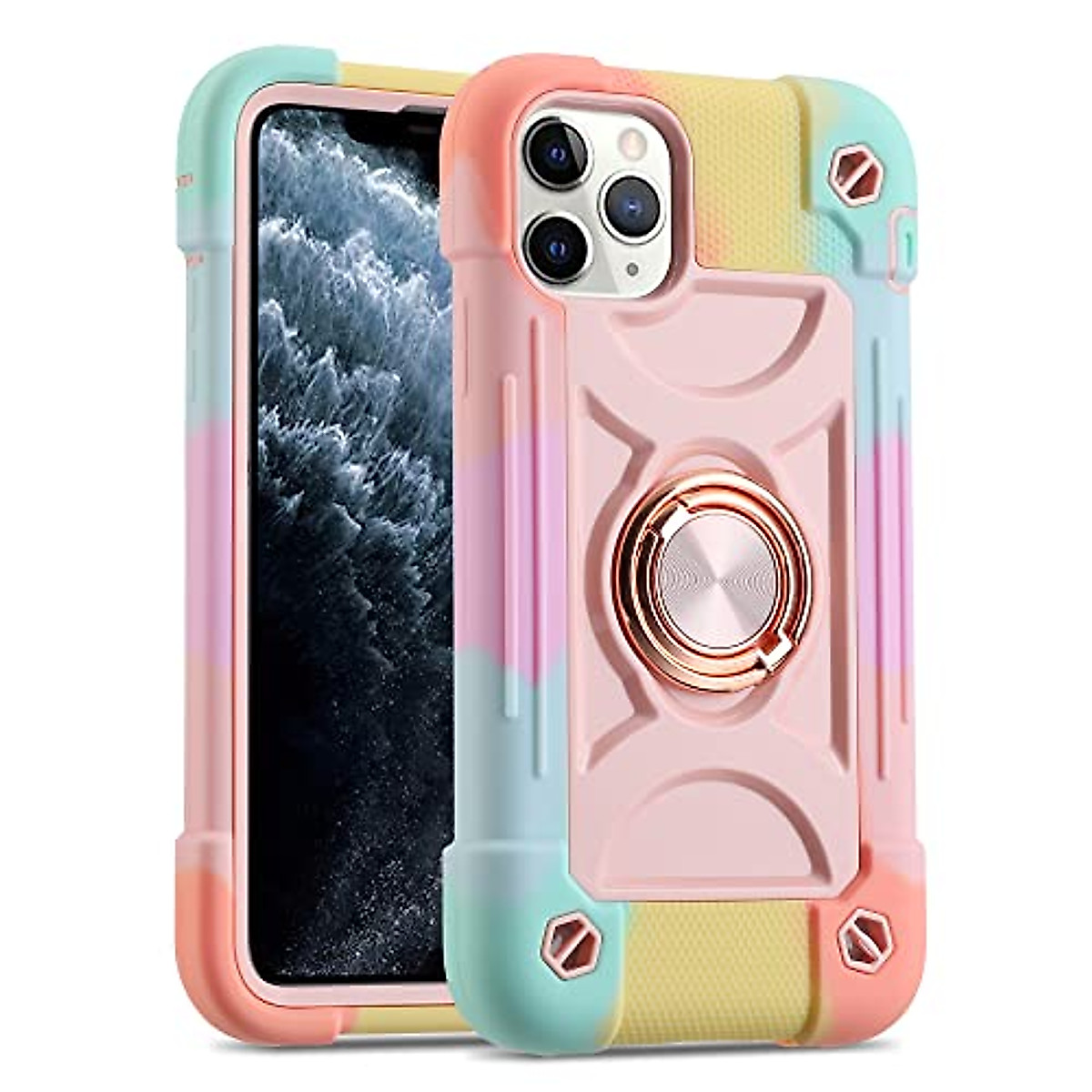 MARKILL Compatible with iPhone 11 Pro Max Case 6.5 Inch with 360°Rotate Ring Stand, Military Grade Drop Protection Full Body Rugged Heavy Duty Case 3 in 1 Protective Durable Cover. (Rainbow Pink)