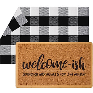 2pcs Welcome-Ish Welcome Mat Welcome-Ish Front Door Mat Black White Buffalo Plaid Check Rug Layered Funny Front Door Mat for Indoor Outdoor Entrance Home Doormats Decor