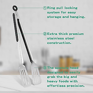 Lebabo Metal Tongs for Cooking, Set of 2 Stainless Steel Spatula Tongs for Grilling, Cooking and Flipping, Strong Grip for Ribs, Steak and Fish, Comfortable Grip, Easy Pull Lock, 9 inch & 12 inch