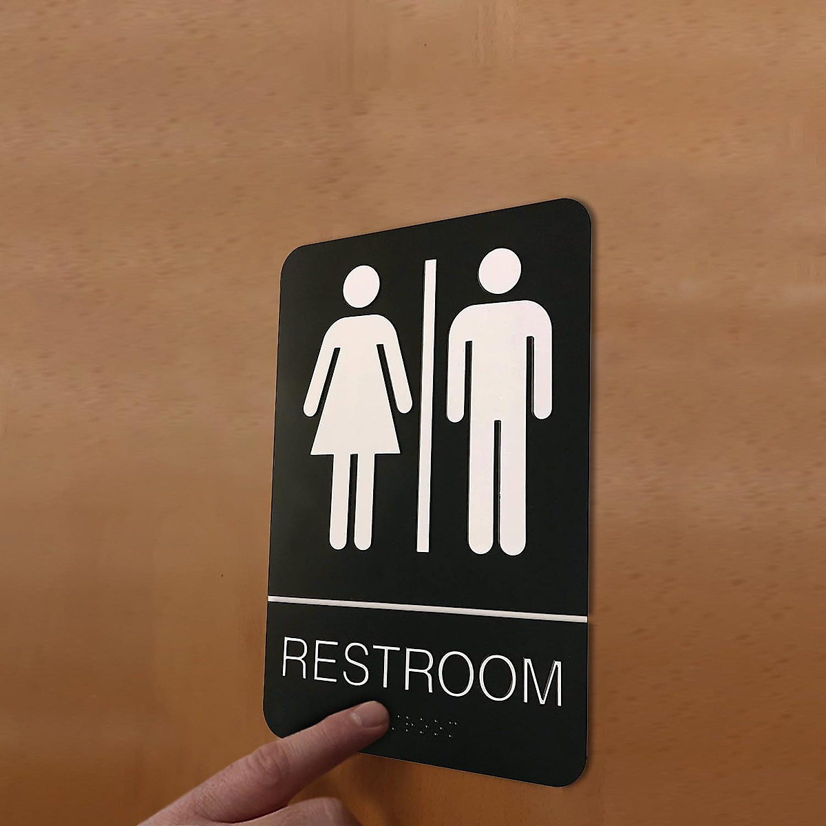 CORKO MANUFACTURING Unisex Braille Restroom Sign - Comes with Graphical Symbols and Double Sided 3M Tape to Secure Perfectly in Less Than a Minute - Size 9 x 6 Inch | Black