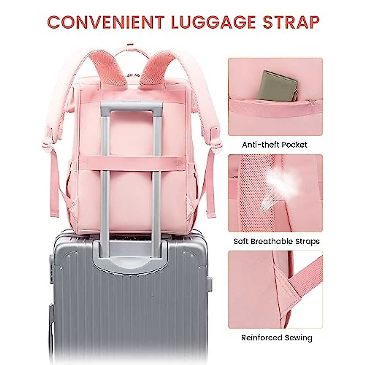 LOVEVOOK Laptop Backpack for Women,15.6 Inch College Backpack,Light Weight Travel Backpack Waterproof Casual Daypack Computer Backpack fits Travel Work Casual（15.6 inch,Pink&Beige）
