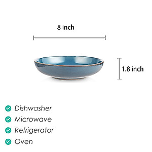 Selamica Ceramic 8 inch Pasta Bowls, 26 Ounce Large Serving Bowl Porcelain Salad Bowls, Dishwasher Microwave Safe, Set of 6(Ceylon Blue)