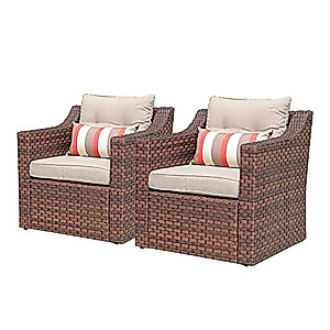 SUNSITT Patio Outdoor Furniture 2-Piece Brown Wicker Single Club Chairs w/Beige Olefin Cushions & Striped Throw Pillow