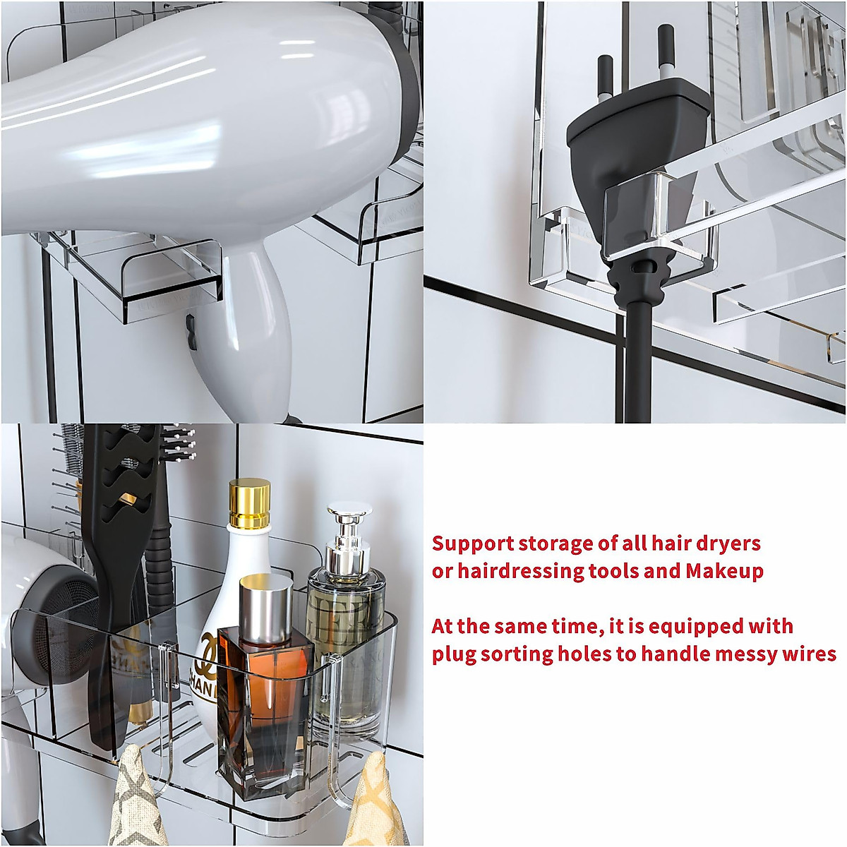 Clear Hair Dryer Holder, Blow Dryer Hanger Wall Mounted for Hair Dryer Hook with Plug&Cord Organizer Self Adhesive for Cabinet Door and Bathroom Organizer and Storage,Pack of 1
