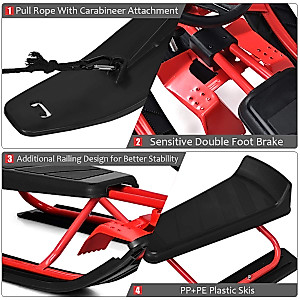 Goplus Snow Racer Sled, Ski Sled Slider Board with Steering Wheel, Twin Brakes, Retractable Pull Rope, for Kids Age 6 & up, Holds Two Children or a Teenager (Reinforced Version)