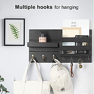 Lwenki Mail Organizer for Wall Mount – Key Holder with Shelf Includes Letter Holder and Hooks for Coats, Dog Leashes – Rustic Wood with Flush Mounting Hardware (16.5” x 8.7” x 3.5”)