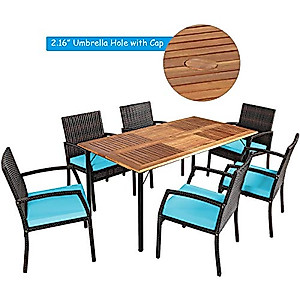Tangkula 7 Pieces Patio Dining Set, Acacia Wood Wicker Dining Furniture Set with Steel Frame & Umbrella Hole, Outdoor Dining Table Chair Set with Removable Cushions for Backyard, Garden (Turquoise)