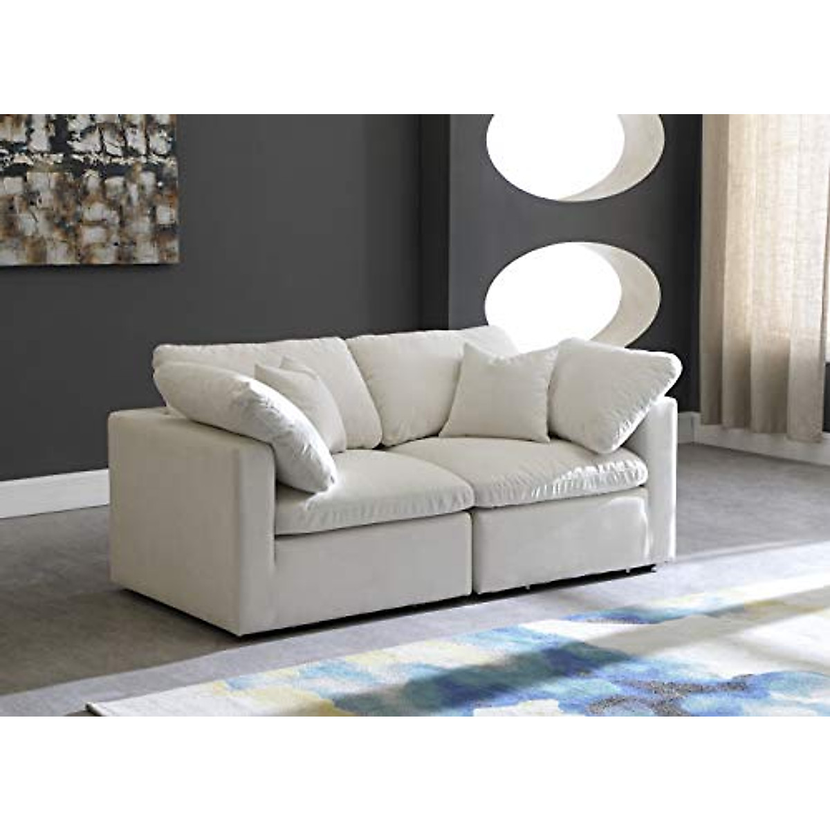 Meridian Furniture Plush Collection Contemporary Down Filled Comfort Overstuffed Velvet Upholstered Modular Sofa, Seating for 1, Cream