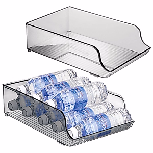 mDesign Wide Plastic Kitchen Water Bottle Storage Organizer Tray Rack - Holder and Dispenser for Refrigerators, Freezers, Cabinets, Pantry, Garage - 2 Pack - Smoke Gray