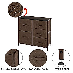 Wide Dresser Storage Tower with 5 Drawers - Sturdy Steel Frame, Wood Top, Easy Pull Fabric Bins - Organizer Unit for Bedroom, Hallway, Entryway, Closets - Textured Print Brown