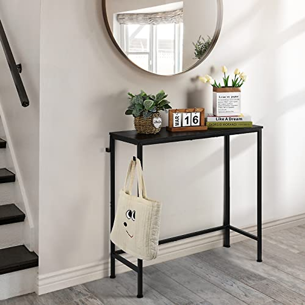 Black Console Table Narrow Modern Entryway Table Small Behind Couch Table Skinny Sofa Table Hallway Table with Hooks for Living Room Foyer Bedroom Corridor Office