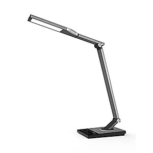 sympa Metal LED Desk Lamp, 12W Desktop Office Lamp, Reading Desk Light with 5V/2A USB Port, 5 Color Temperatures, 6 Brightness Levels, Touch Control for Dorm, Home Office, Bedroom, Living Room Grey