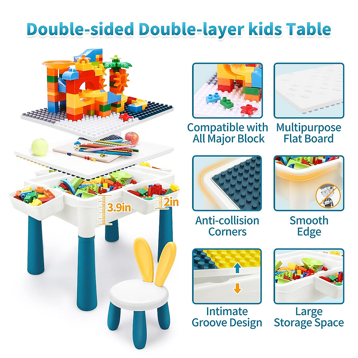 JONEALA Double Sided Kids Activity Table Set, 5-in-1 Multi Play Sand Water Table Toys, 105pcs Marble Run Building Blocks Table for Toddlers Age 1 2 3 Boys Girls, Toy Storage & Adjustable Heighten