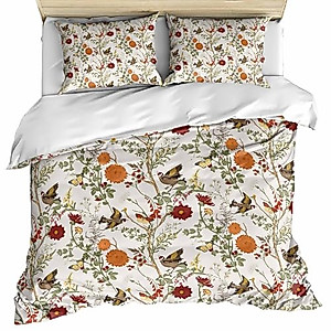DecorLovee Orange Green Red Botanical Duvet Cover Set 3 Pieces with Zipper Closure, Vintage Birds Floral Bedding Sets 1 Duvet Cover & 2 Pillow Cases, Breathable Comforter Cover Set Duvet Cover Full
