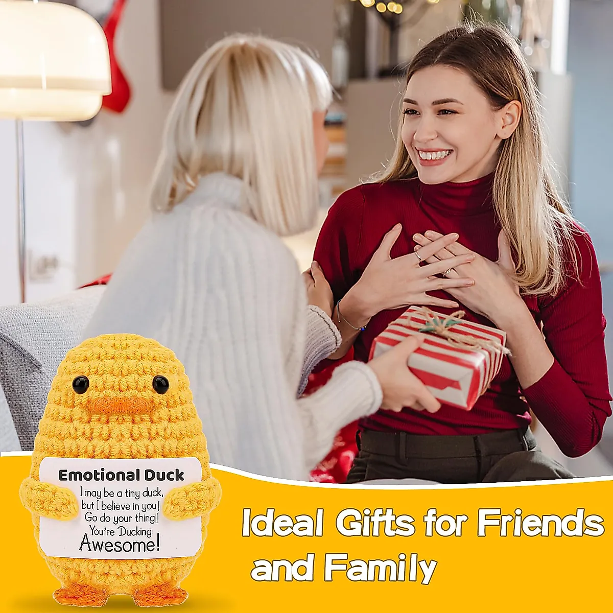 Hoedia Handmade Emotional Pickle Gift, Cucumber Crochet Doll Inspirational Gifts with Cards, Cute Knitted Funny Support Pickle Potato Friend Birthday (Emotional Duck)