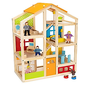 PIDOKO KIDS Skylar Wooden Dollhouse - Includes 20 Pcs Furniture Accessories, 5 Family Dolls and a Pet Dog - Wood Doll House for 3 4-5 Year Old Girls & Boys
