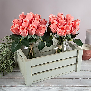 Pure Garden Rose Artificial Flowers - 24Pc Real Touch 11.5-Inch Fake Flower Set with Stems for Home Decor, Wedding, or Bridal/Baby Showers (Coral)