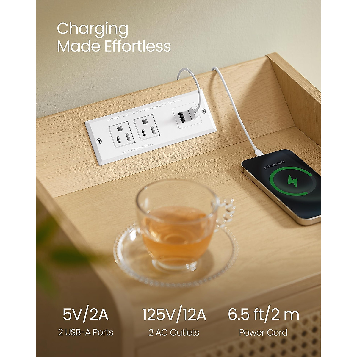 VASAGLE BOHOVEN Collection - Nightstands with Charging Station, Set of 2, Bedside Tables with Motion Sensor Lights, Rattan-Like Side End Tables, Solid Wood Legs, for Bedroom, Boho Style, Oak Beige