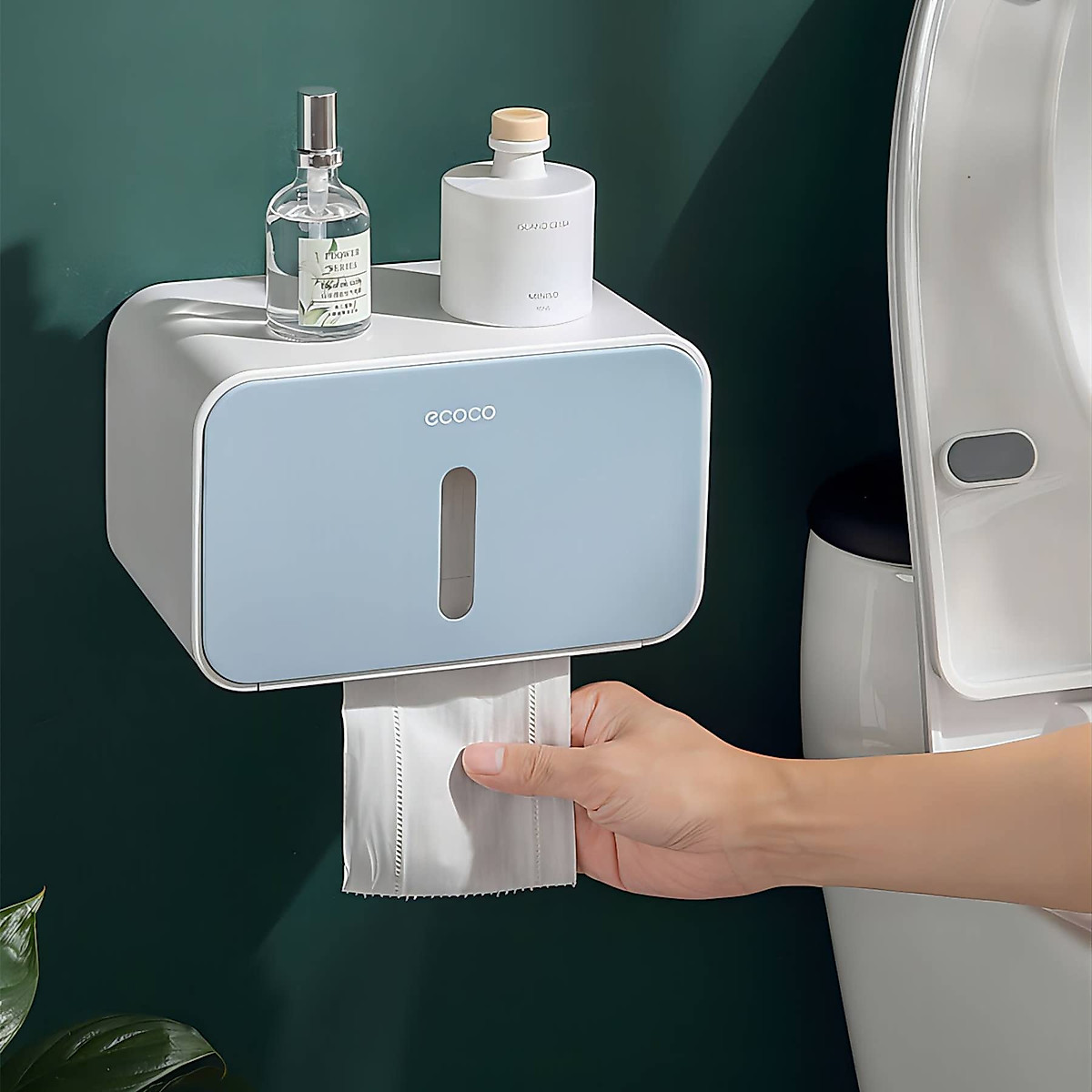Outdoor Waterproof Toilet Paper Holder for Bathroom - Pet Proof Plastic TP Tissue Holder Dispenser Full Cover Adhesive Mounted for Small RV TP Roll